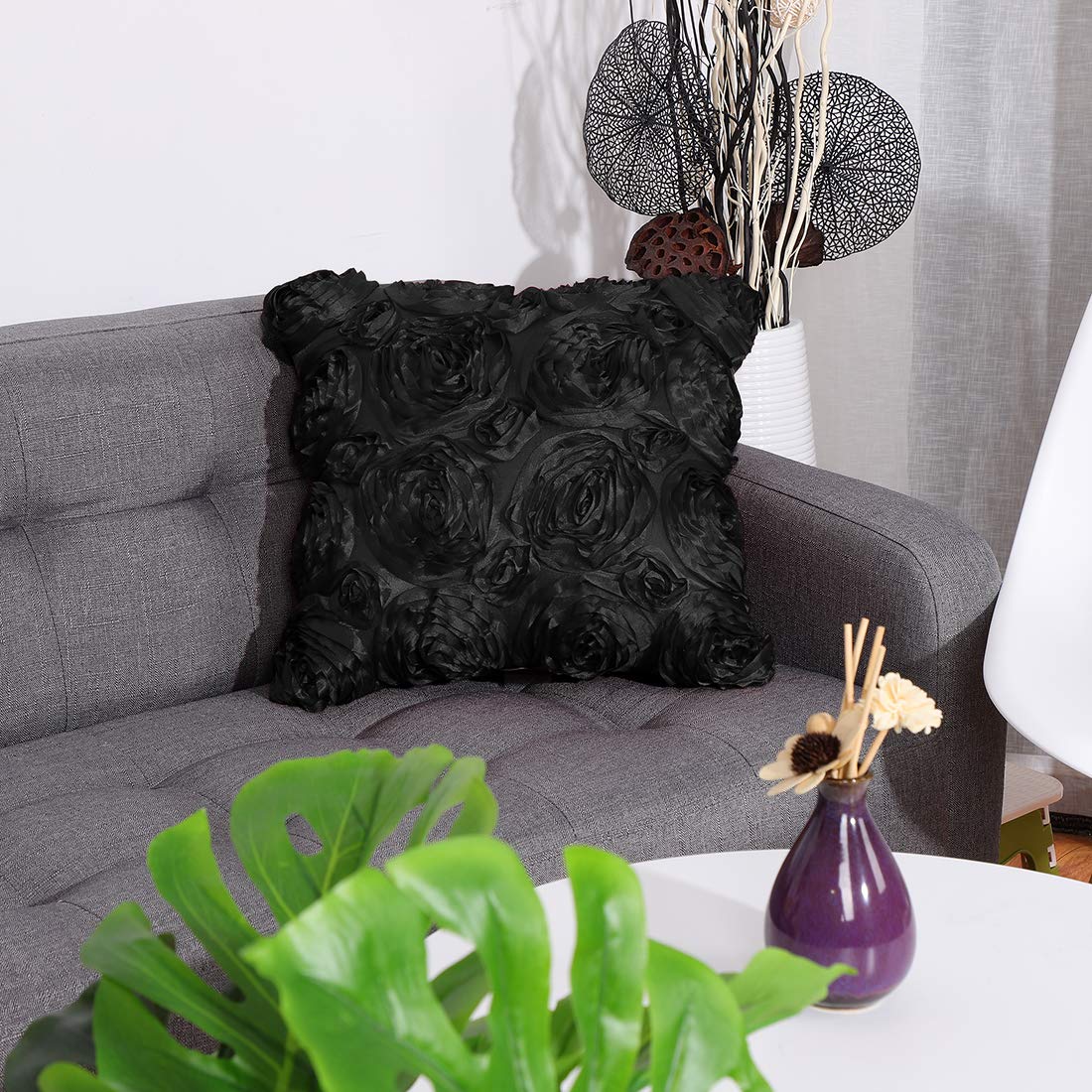 PiccoCasa 3D Flowers Throw Pillow Cover, Romantic Decorative Satin Cushion Cover, Stereo Roses Pillow Cover for Bed Sofa Couch, 16'' x 16'', Black