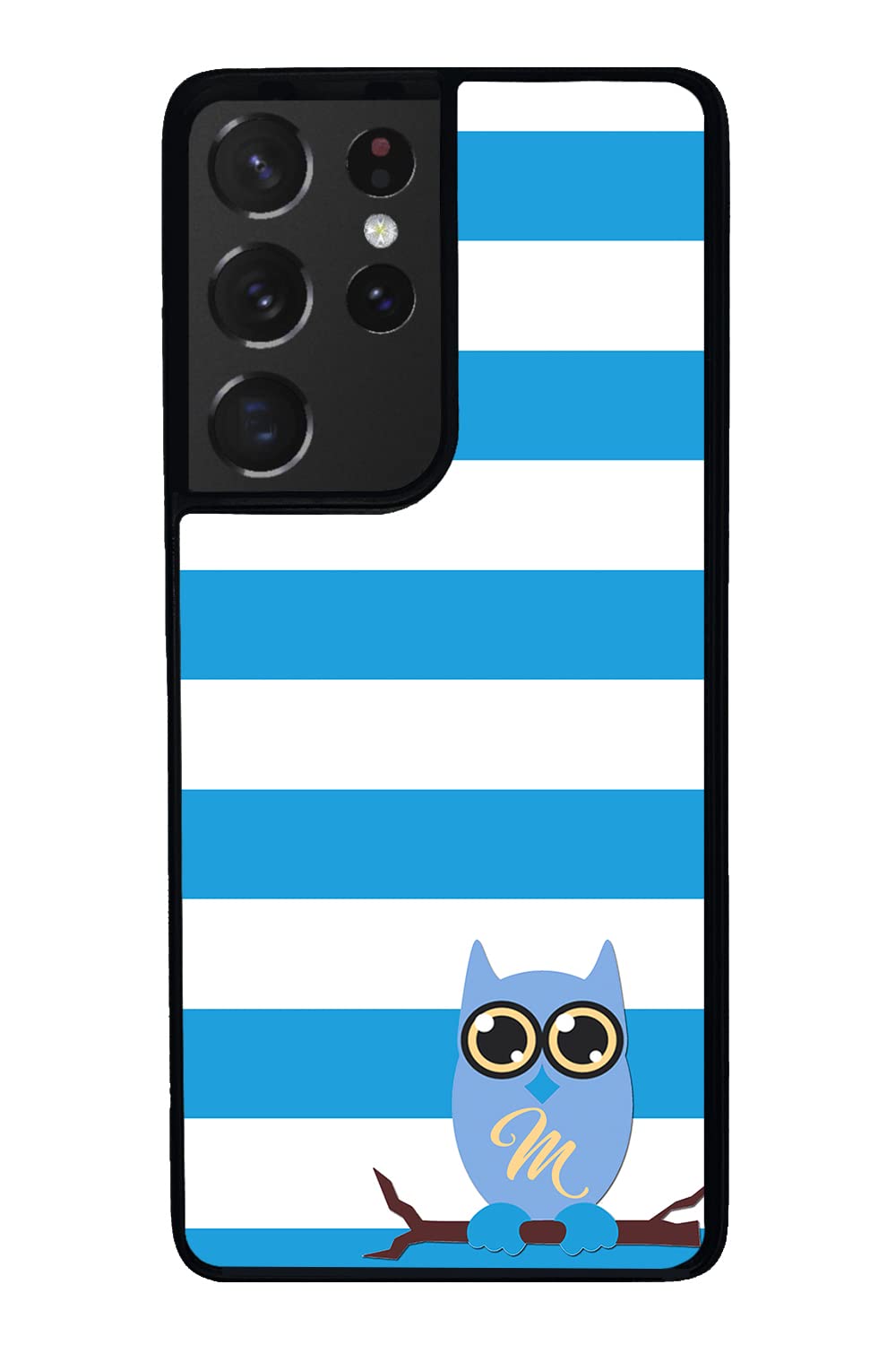 Blue and White Bars Owl Personalized Initial Phone Case Compatible With Samsung Galaxy S25 S25+ S25 Ultra S24 S24+ S24 Ultra S24FE, S23 FE S23+ Ultra S22 S22+ Ultra