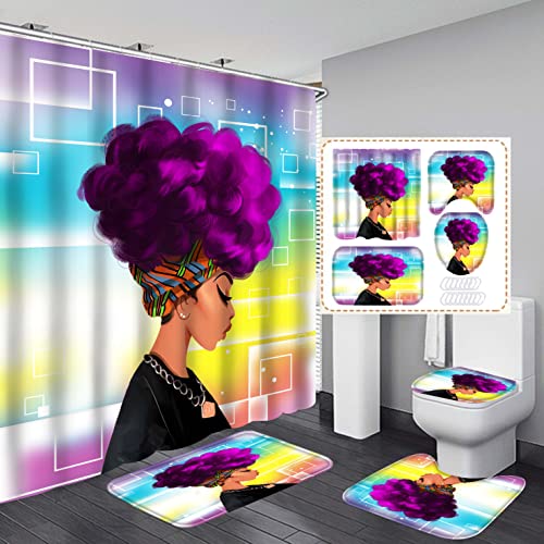 Black African Girl Bathroom Sets with Shower Curtain and Rugs, African American Shower Curtains Set for Bathroom, Shower Curtain Set with Hooks and Toilet Lid Cover(Violet)