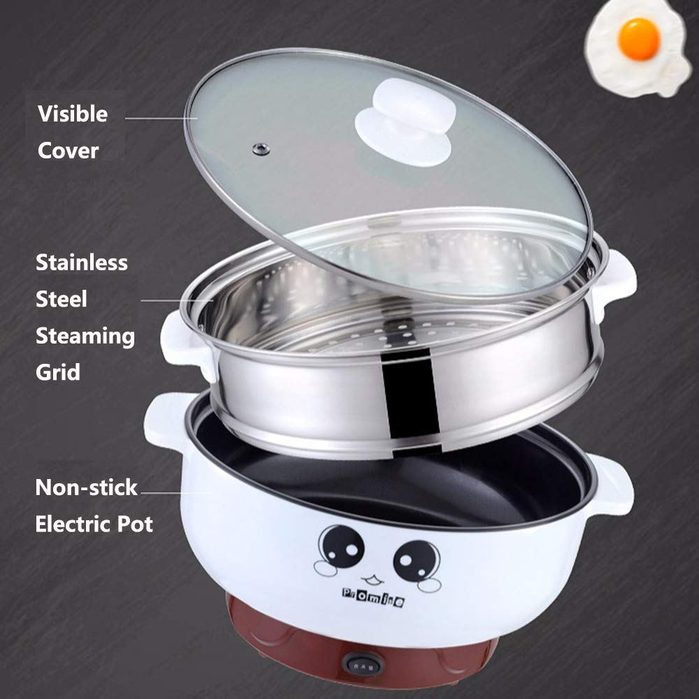 4-in-1 Multifunction Electric Skillet Non-Stick Stainless Steel Hot Pot Noodles Rice Cooker Soup Pot Portable Mini Heating Pan Cooking Fried (Diameter 20CM, 2.3L, Electric Skillet)
