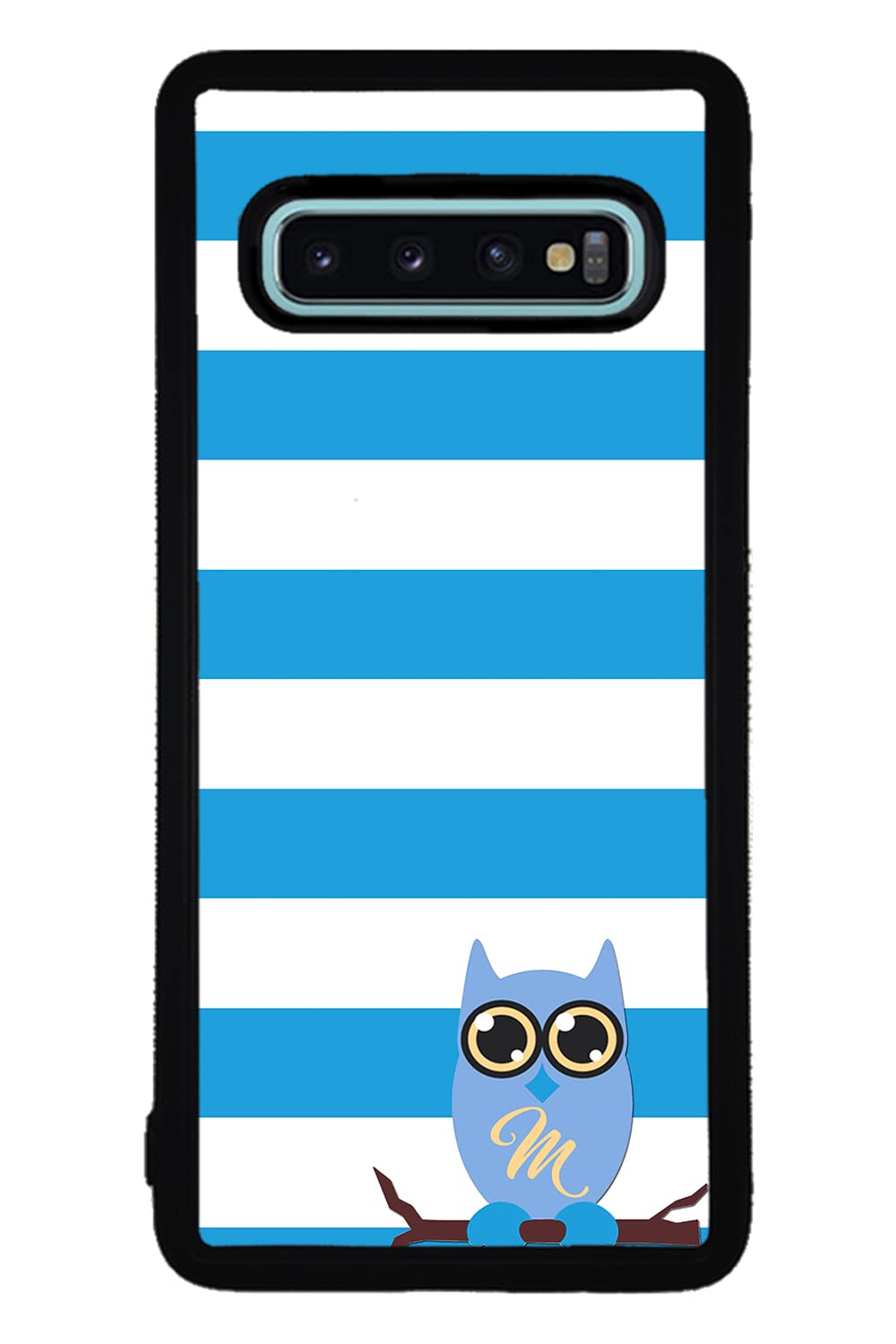 Blue and White Bars Owl Personalized Initial Phone Case Compatible With Samsung Galaxy S25 S25+ S25 Ultra S24 S24+ S24 Ultra S24FE, S23 FE S23+ Ultra S22 S22+ Ultra