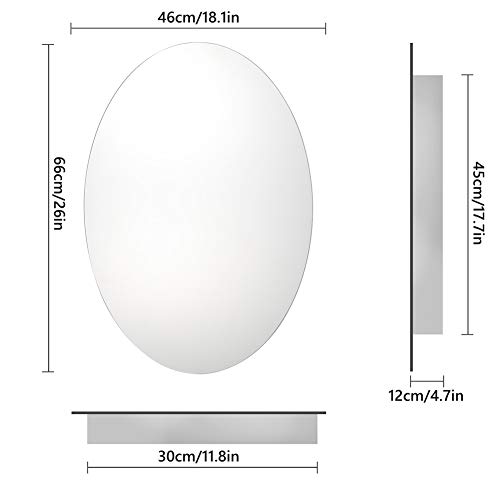 Movo Medicine Cabinet with Mirror Oval Beveled Polished Frameless Wall Mirror for Bathroom, Livingroom, Bedroom (18" W x 26" H Oval), Surface Mount Installation only, White Coated Metal Shelf
