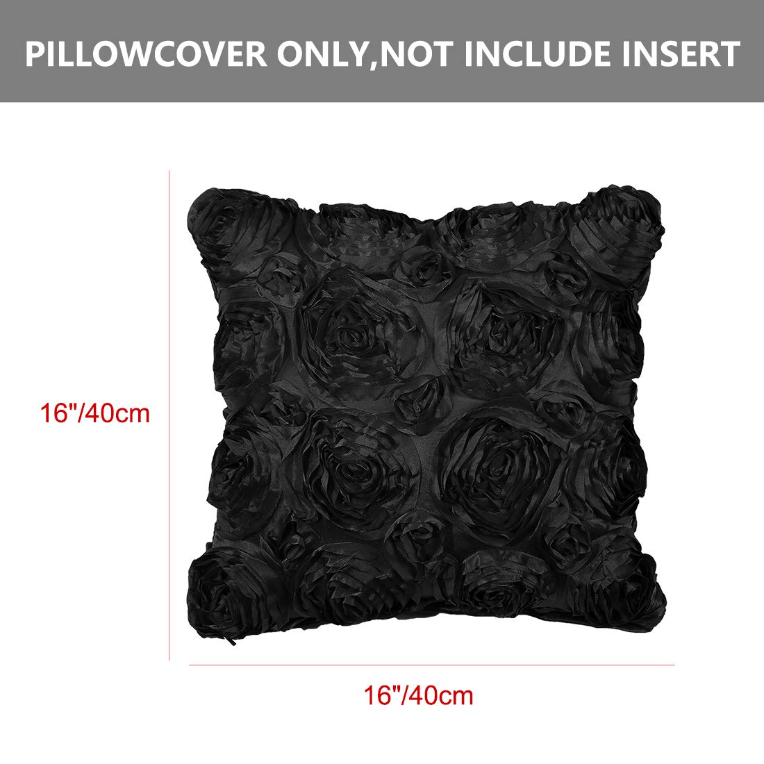 PiccoCasa 3D Flowers Throw Pillow Cover, Romantic Decorative Satin Cushion Cover, Stereo Roses Pillow Cover for Bed Sofa Couch, 16'' x 16'', Black