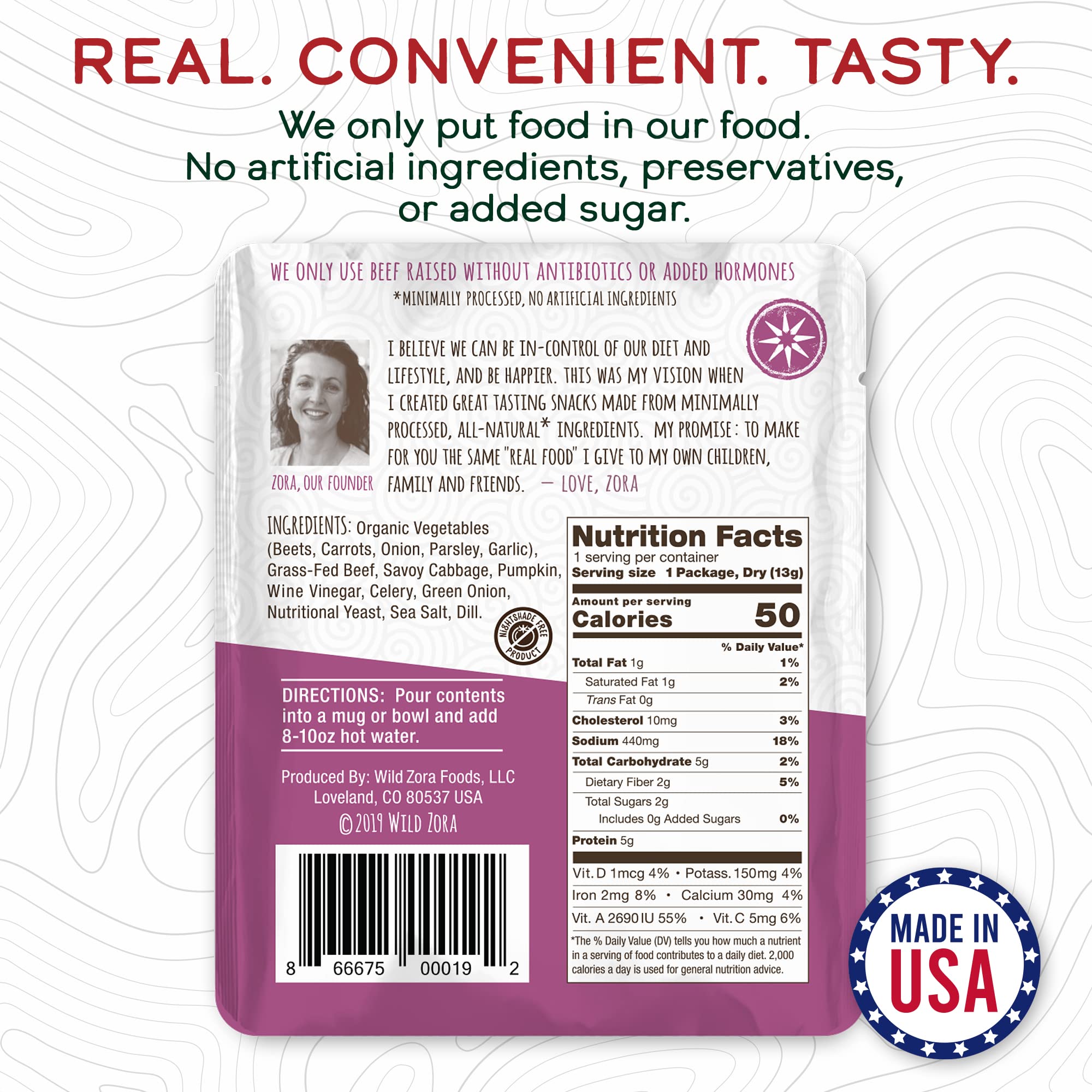 Wild Zora Instant Keto-Friendly Soups 5-Pack Variety, Broth Made with Grass-Fed Beef, Free-Range Chicken, and Vegetables, Gluten-Free, Low Carb, No Added Sugar, Flavorful Pantry Staples - 0.5oz/13g