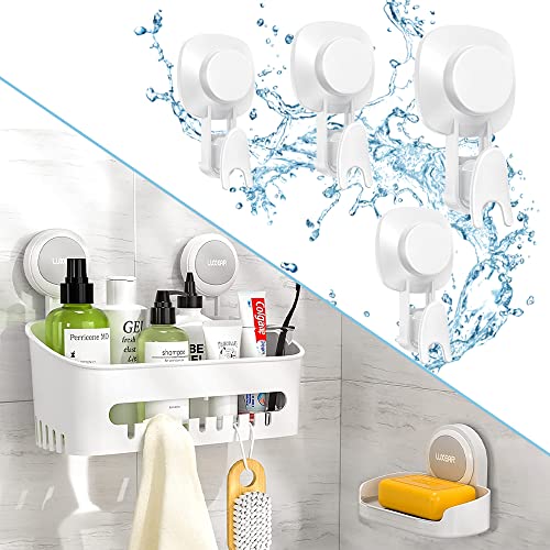 LUXEAR Shower Caddy Suction Cup Sets Shower Shelf Basket + Soap Dish Holder + 4 pack update replacement hooks suction cup for bathroom and kitchen