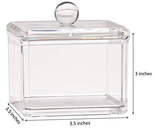 KW Collection Square Acrylic Cotton Ball Pads Gauze Swab Holder Organizer Q-tip Dispenser Storage Canister Bathroom Container Flossers Box Case (3.5 x 3.5 x 3 inches, Single Tier, Transparent)