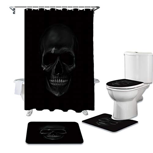 Brawvy 4 Piece Shower Curtain Set Creepy Skull Dark Pattern Waterproof Bathroom Shower Curtain with Bathroom Rugs Bath Mat Lid Toilet Cover Bathroom Decor