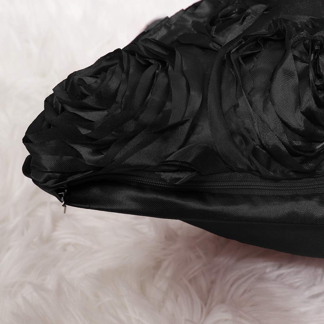 PiccoCasa 3D Flowers Throw Pillow Cover, Romantic Decorative Satin Cushion Cover, Stereo Roses Pillow Cover for Bed Sofa Couch, 16'' x 16'', Black
