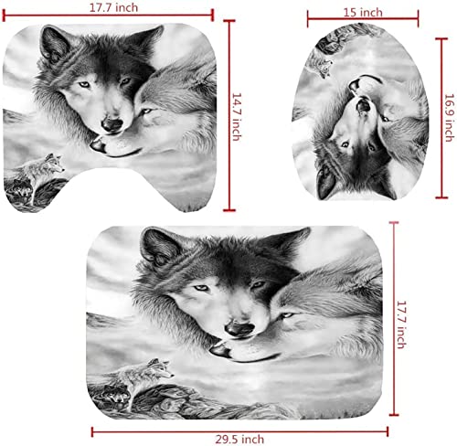 Wolves Bathroom Sets with Rugs,4 Pcs Wolf in The Forest Shower Curtain Sets with 12 Hooks, Wolves Cloud Bathroom Sets with Fabric Shower Curtains and Rugs