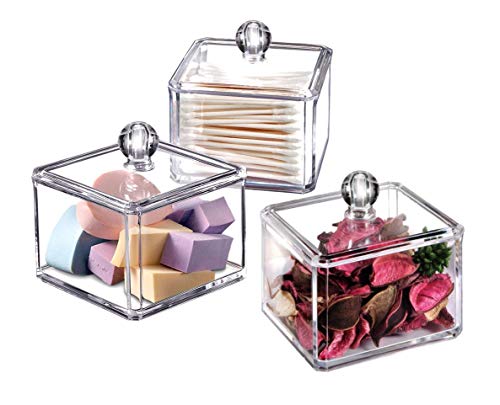 KW Collection Square Acrylic Cotton Ball Pads Gauze Swab Holder Organizer Q-tip Dispenser Storage Canister Bathroom Container Flossers Box Case (3.5 x 3.5 x 3 inches, Single Tier, Transparent)