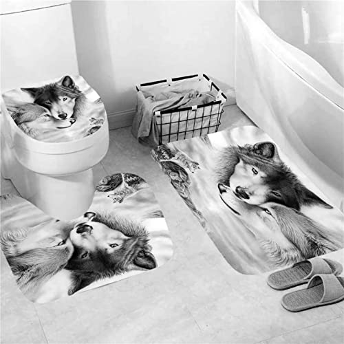Wolves Bathroom Sets with Rugs,4 Pcs Wolf in The Forest Shower Curtain Sets with 12 Hooks, Wolves Cloud Bathroom Sets with Fabric Shower Curtains and Rugs