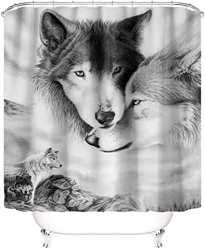 Wolves Bathroom Sets with Rugs,4 Pcs Wolf in The Forest Shower Curtain Sets with 12 Hooks, Wolves Cloud Bathroom Sets with Fabric Shower Curtains and Rugs