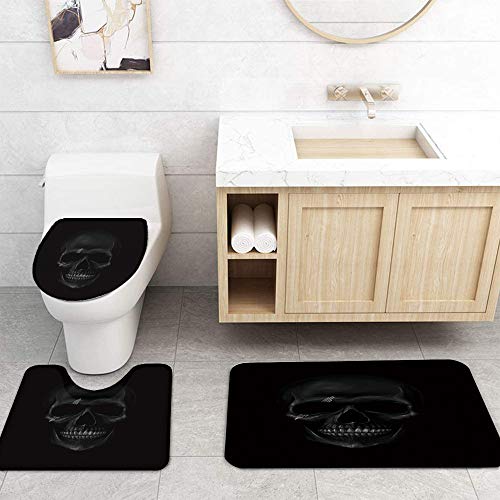 Brawvy 4 Piece Shower Curtain Set Creepy Skull Dark Pattern Waterproof Bathroom Shower Curtain with Bathroom Rugs Bath Mat Lid Toilet Cover Bathroom Decor