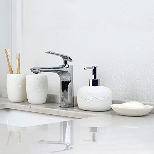 Bathroom Accessories Set with Embossed Design 5PCS, Ceramic White Bathroom Accessory Set, 2Pcs Bathroom Soap Dispenser 14oz, 2Pcs Tumbler Cup, 1Pcs Soap Dish, ANTIS'S HOME