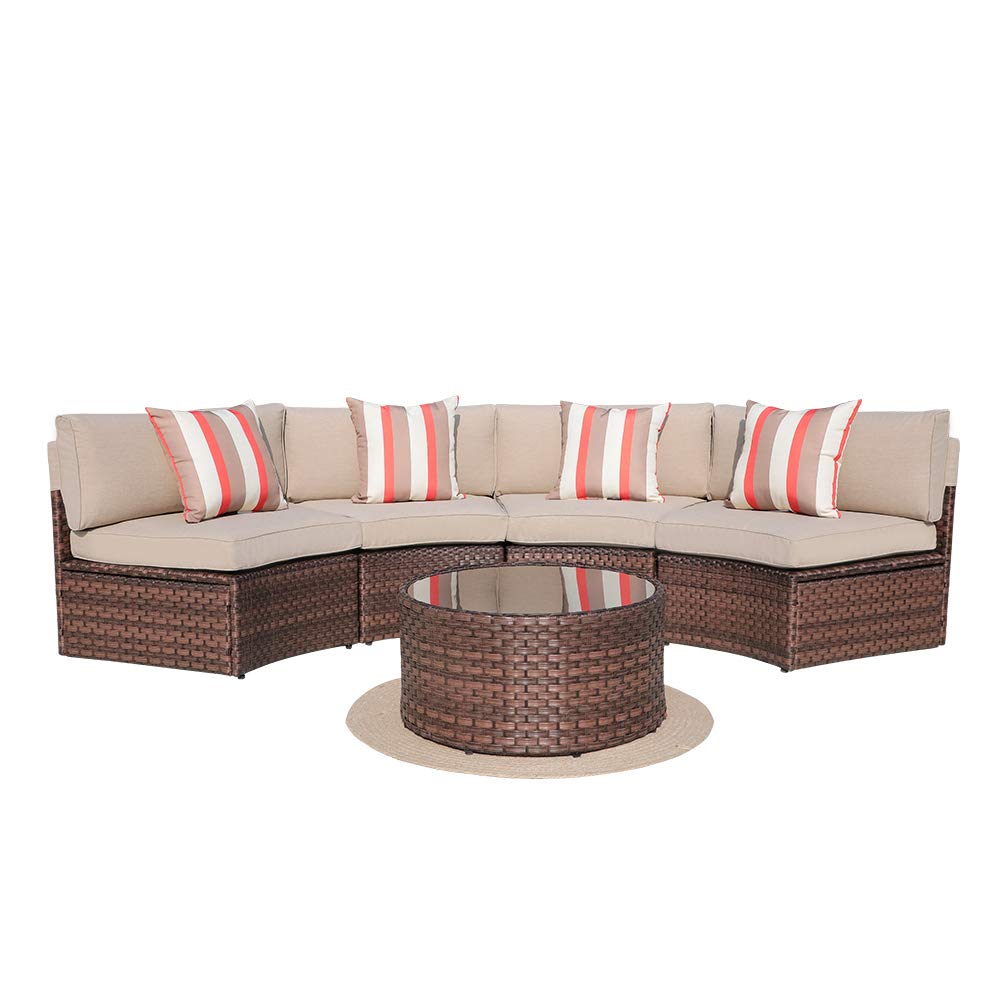 SUNSITT 5-Piece Half Moon Outdoor Sectional Sofa Set with Cover, Patio Brown PE Wicker Furniture with Beige Cushions & Tempered Glass Coffee Table