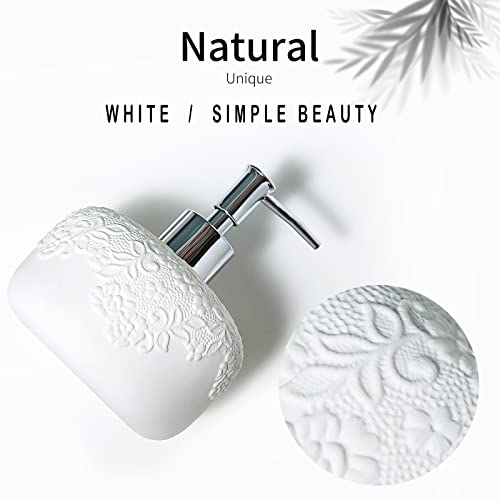 Bathroom Accessories Set with Embossed Design 5PCS, Ceramic White Bathroom Accessory Set, 2Pcs Bathroom Soap Dispenser 14oz, 2Pcs Tumbler Cup, 1Pcs Soap Dish, ANTIS'S HOME
