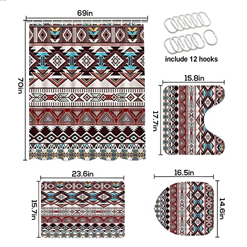 4 Pcs Shower Curtain Sets with Rugs Aztec American Southwestern Native Navajo Ethnic Tribal Vintage Boho Geometric Durable Shower Curtain Sets with 12 Hooks Waterproof Shower Curtain for Bathroom Set