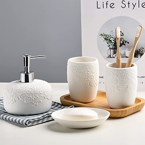 Bathroom Accessories Set with Embossed Design 5PCS, Ceramic White Bathroom Accessory Set, 2Pcs Bathroom Soap Dispenser 14oz, 2Pcs Tumbler Cup, 1Pcs Soap Dish, ANTIS'S HOME
