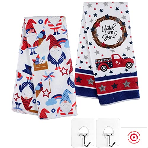 MUCHAI INNOVATIONS Designer Hand Towel Linen Set | Lightweight & Decorative - Kitchen Home Bathroom Deco Gift - Plus Heavy Duty Self Adhesive Hook (Red White & Blue USA Patriotic)