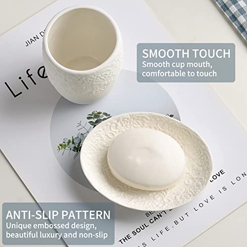 Bathroom Accessories Set with Embossed Design 5PCS, Ceramic White Bathroom Accessory Set, 2Pcs Bathroom Soap Dispenser 14oz, 2Pcs Tumbler Cup, 1Pcs Soap Dish, ANTIS'S HOME