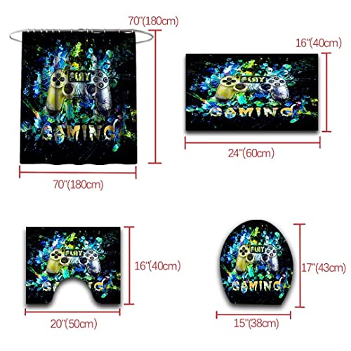 kodhyvj 4 PCS Gaming Bathroom Sets for Boys Game Shower Curtain Set with Curtain,Rug,Toilet Cover and U Shaped Mat Video Gamer Bathroom Decor with 12 Hooks