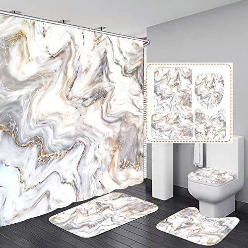 4Pcs Abstract Marble Shower Curtain Sets with Non-Slip Rugs, Toilet Lid Cover and U-Shaped Mat, Modern Geometric Fabric Shower Curtain with 12 Hooks, Decorative Bathroom Accessories