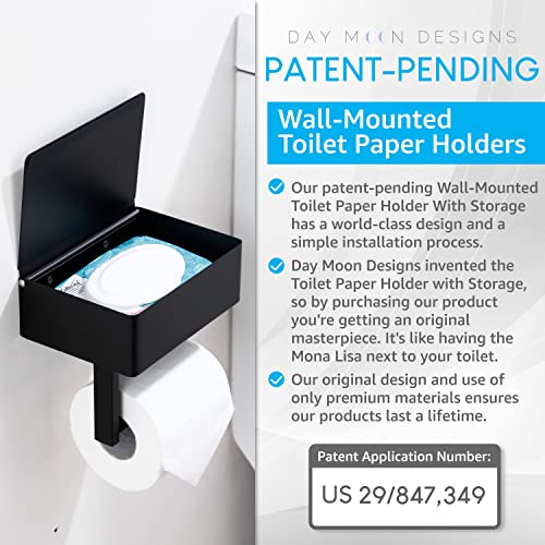 Day Moon Designs Toilet Paper Holder with Shelf - Flushable Wipes Dispenser & Storage Fits Any Bathroom, Keep Your Wet Wipes Hidden - Stainless Steel Wall Mount Bathroom Organizer - Matte Black, Small