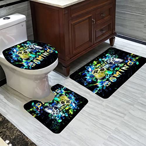 kodhyvj 4 PCS Gaming Bathroom Sets for Boys Game Shower Curtain Set with Curtain,Rug,Toilet Cover and U Shaped Mat Video Gamer Bathroom Decor with 12 Hooks