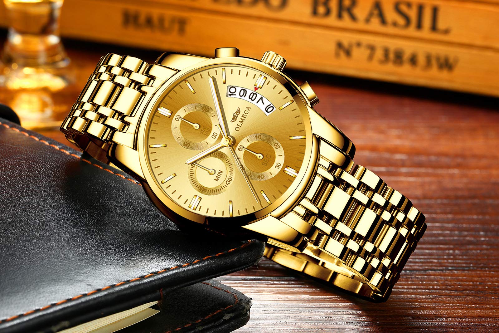 DREAMING Q&P Gold Plating Men's Analog Quartz Mutifunctional Watches for Man Stainless Steel Strap Gold Face Wristwatch