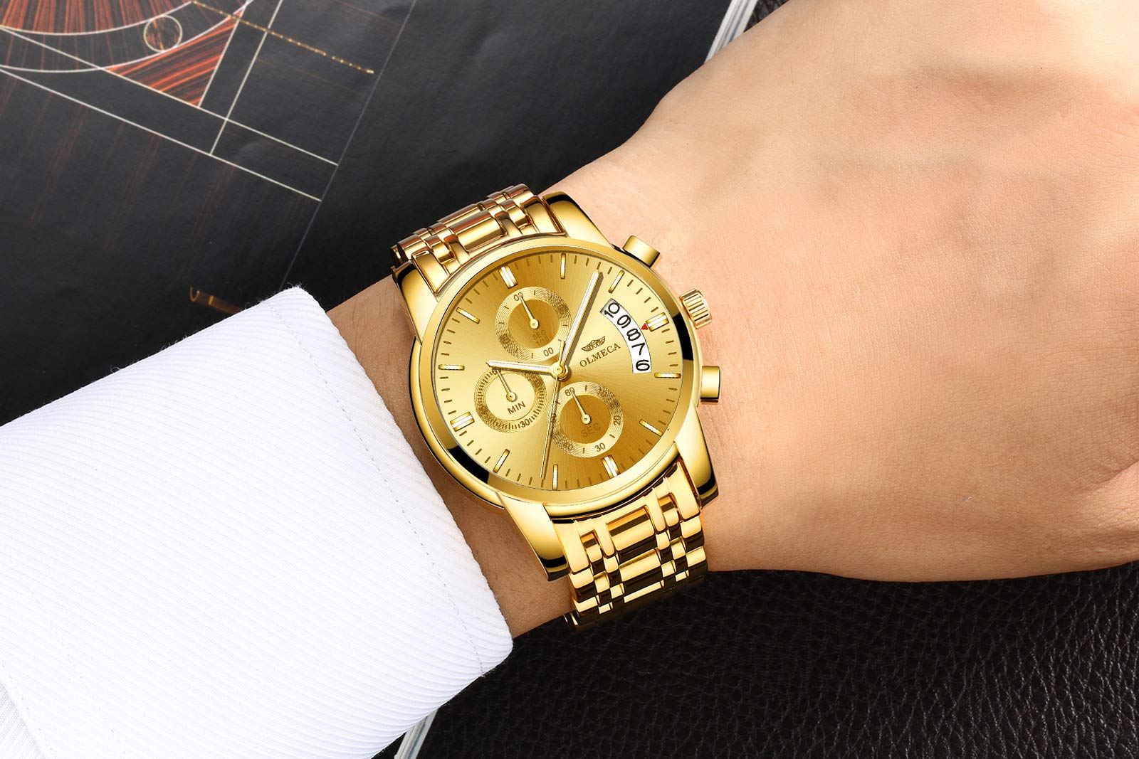 DREAMING Q&P Gold Plating Men's Analog Quartz Mutifunctional Watches for Man Stainless Steel Strap Gold Face Wristwatch