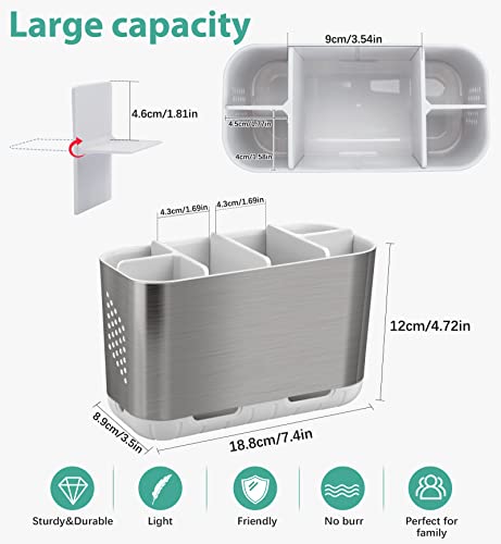 Boperzi Toothbrush Holder Toothpaste Organizer Drainage for Bathroom Vanity, Large Brushed Nickel Toothbrush Storage Caddy Anti-Slip Rustic with Adjustable Dividers for Family, Kids