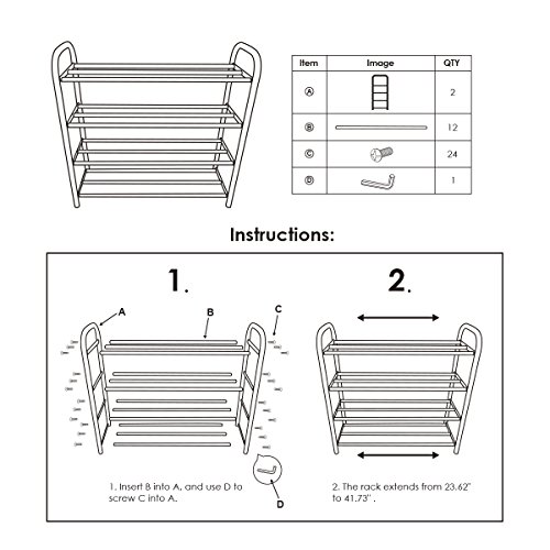 GEMITTO Shoe Rack Organizer for Closet Entryway, 4 Tiers Adjustable Heavy Duty Metal Shoe Storage Shelf, Large Enough for 20+ Pairs of Shoes (23.6"~41.7"x8.9"x24.2")(Silver)