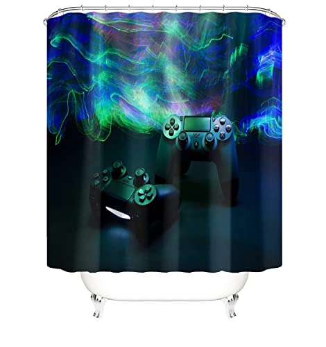 Mycurer Aurora Gaming Shower Curtain Sets with Rugs for Boys,4 Pcs Modern Two Gamepads Controller Bath Curtain Sets,Durable Bathroom Sets with Gamer Shower Curtains for Kids Bathroom