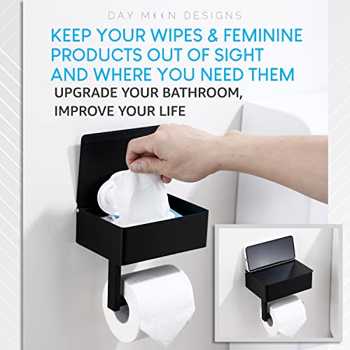 Day Moon Designs Toilet Paper Holder with Shelf - Flushable Wipes Dispenser & Storage Fits Any Bathroom, Keep Your Wet Wipes Hidden - Stainless Steel Wall Mount Bathroom Organizer - Matte Black, Small