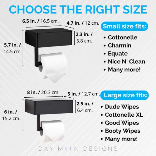Day Moon Designs Toilet Paper Holder with Shelf - Flushable Wipes Dispenser & Storage Fits Any Bathroom, Keep Your Wet Wipes Hidden - Stainless Steel Wall Mount Bathroom Organizer - Matte Black, Small