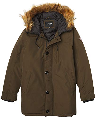 GUESS Men's Heavyweight Hooded Parka Jacket with Removable Faux Fur Trim, Olive, X-Large