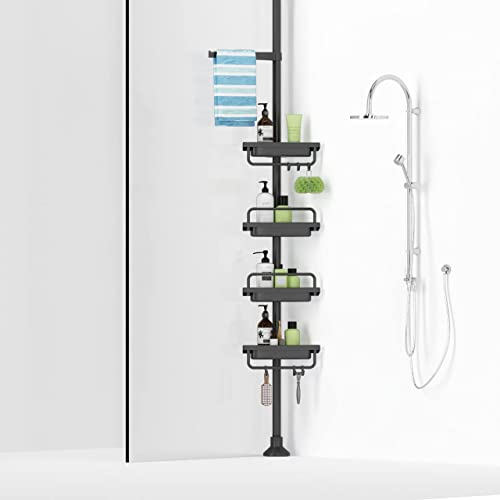 FRDECON Rustproof Shower Caddy Corner for Bathroom, 4-Tier Tension Pole Stainless Steel Shower Organizer, 56 to 117 Inch Adjustable Bathtub Shower Shelf Storage with 1 Tower Bar, Black