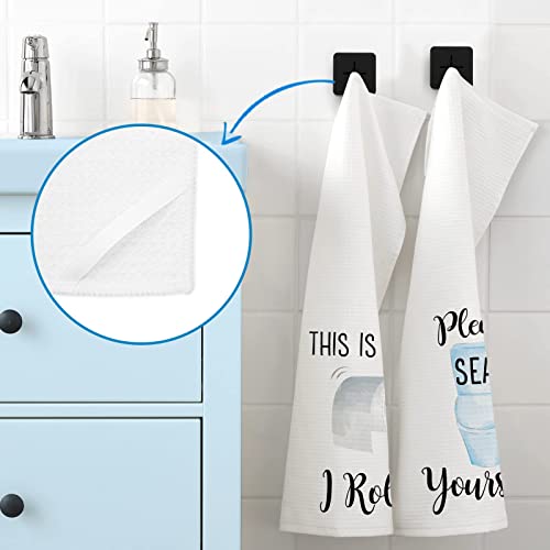 Vansolinne Funny Bathroom Hand Towels with Hanging Loop (4 Packs), 24''x18'' Absorbent Waffle Weave Towels with Humorous Words & Pattern, Cool Guest Hand Towels Funny Bath Decor Nice Bathroom Gifts