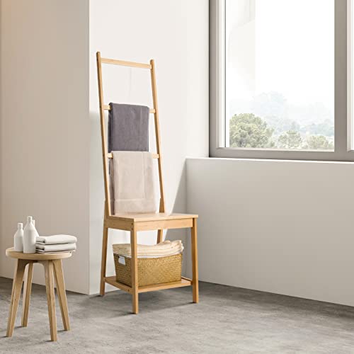 HYNAWIN Bamboo Bath Towel Rack, Multifunctional Bathroom Floor Shelf, Floor Storage Rack, Chair with Towel Rack, for Bathrooms and Bedrooms