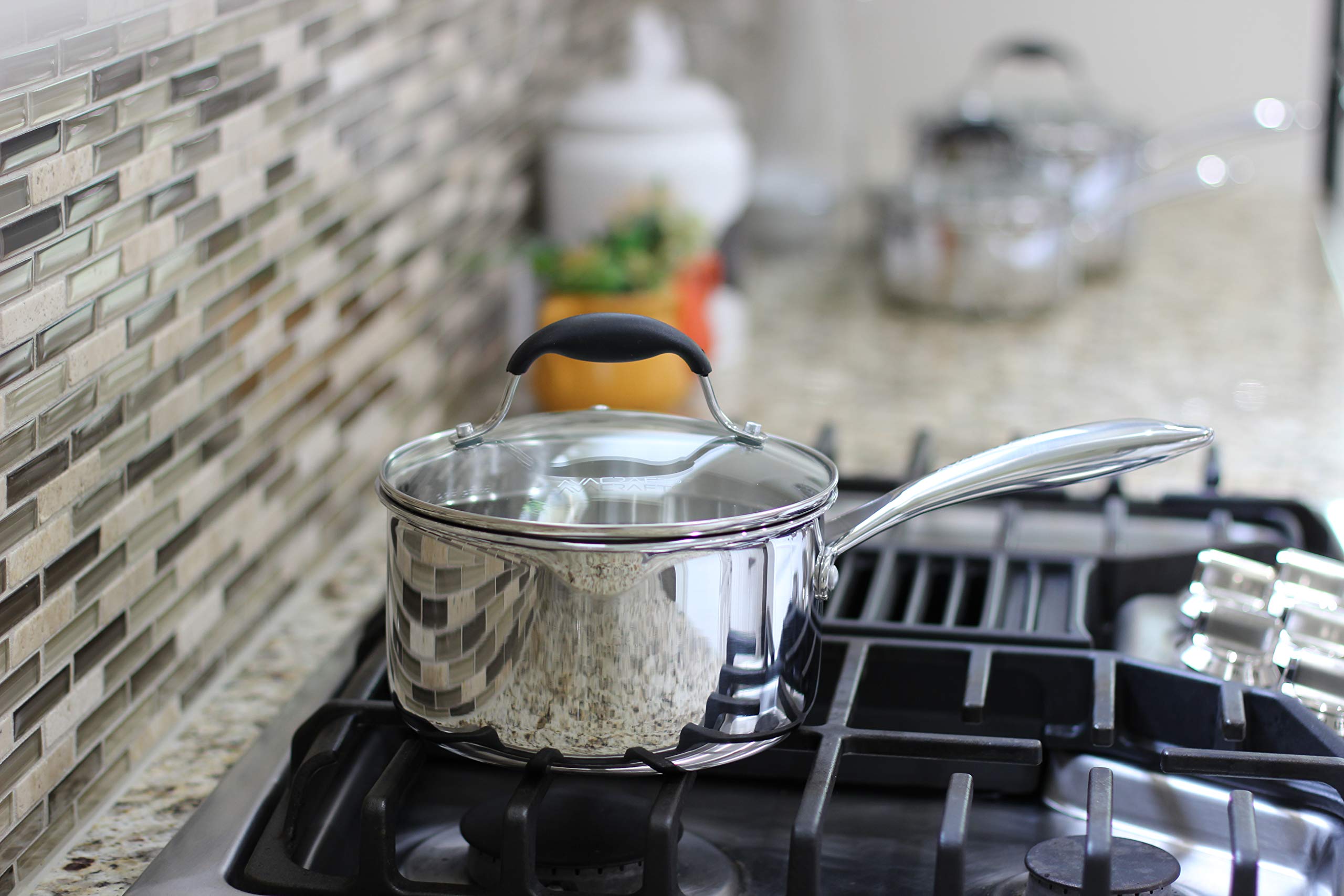 AVACRAFT Tri-Ply Stainless Steel Saucepan with Glass Strainer Lid, Two Side Spouts, Ergonomic Handle, Multipurpose Sauce Pan with Lid, Sauce Pot, Cooking Pot (Tri-Ply Full Body, 2.5 Quart)