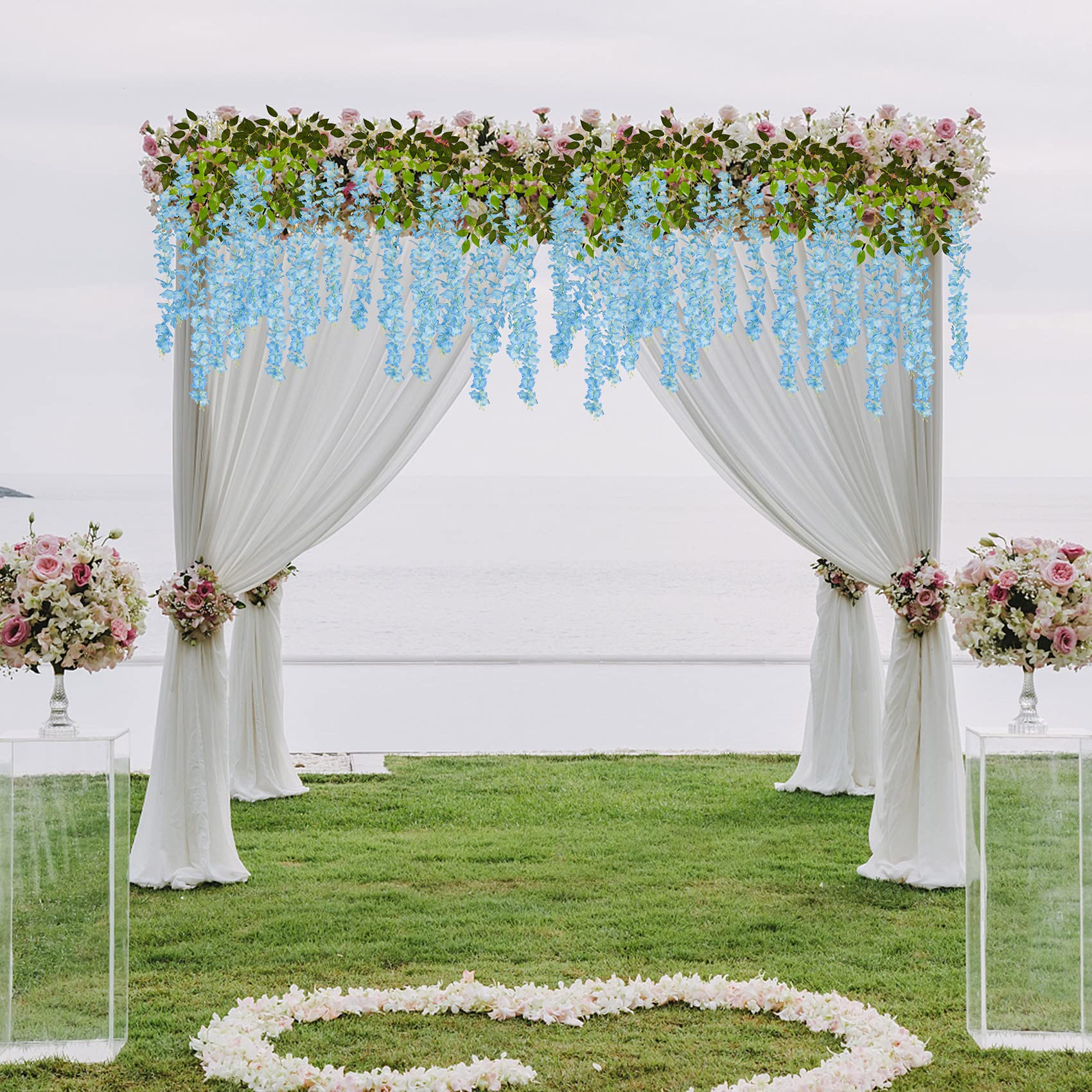 DearHouse 6 Pack 3.75 Feet/Piece Artificial Fake Wisteria Vine Ratta Hanging Garland Silk Flowers String Home Party Wedding Decor (Blue)