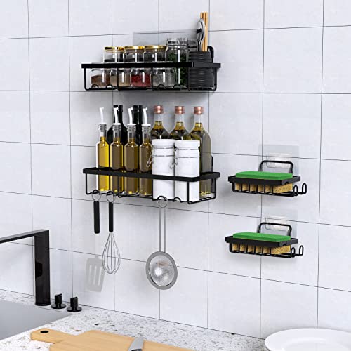 Awegety 4 Pack Shower Caddy Shelf Organizer with Soap Holder, Shower Shelves Basket with Adhesives/Screws Stainless Steel Bathroom Shelves with Hooks, Shower Storage Rack for Bathroom Kitchen Black