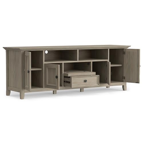 SIMPLIHOME Amherst SOLID WOOD 72 Inch Wide Transitional TV Media Stand in Distressed Grey for TVs up to 80 Inch, For the Living Room and Entertainment Center
