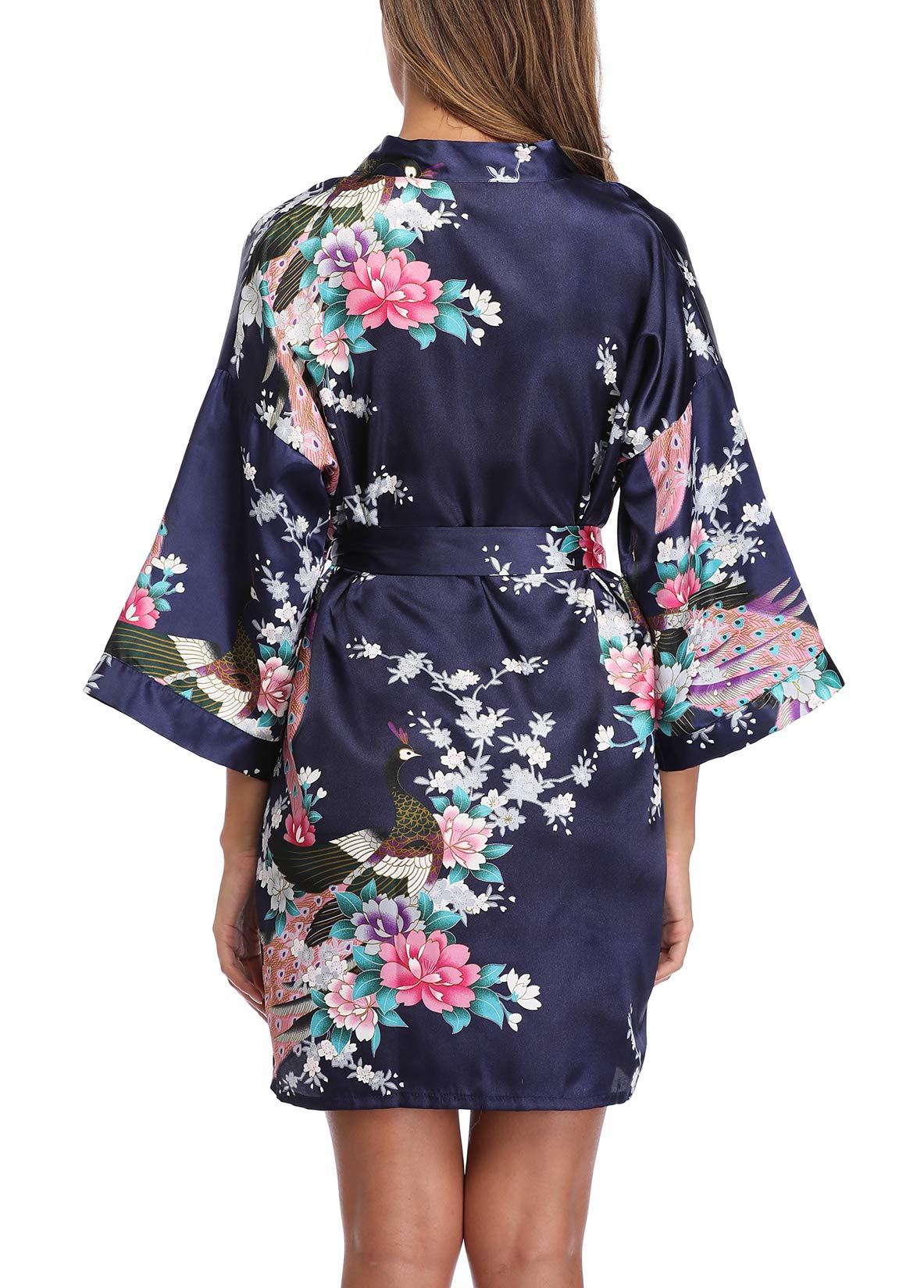 UrHot Women's Floral Kimono Satin Short Robe Peacock and Blossom Soft Bathrobe for Wedding Party Getting Ready