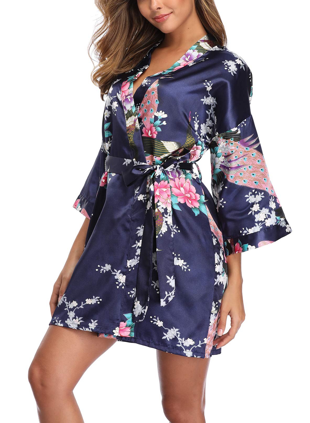 UrHot Women's Floral Kimono Satin Short Robe Peacock and Blossom Soft Bathrobe for Wedding Party Getting Ready