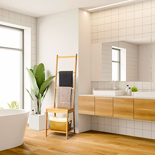 HYNAWIN Bamboo Bath Towel Rack, Multifunctional Bathroom Floor Shelf, Floor Storage Rack, Chair with Towel Rack, for Bathrooms and Bedrooms