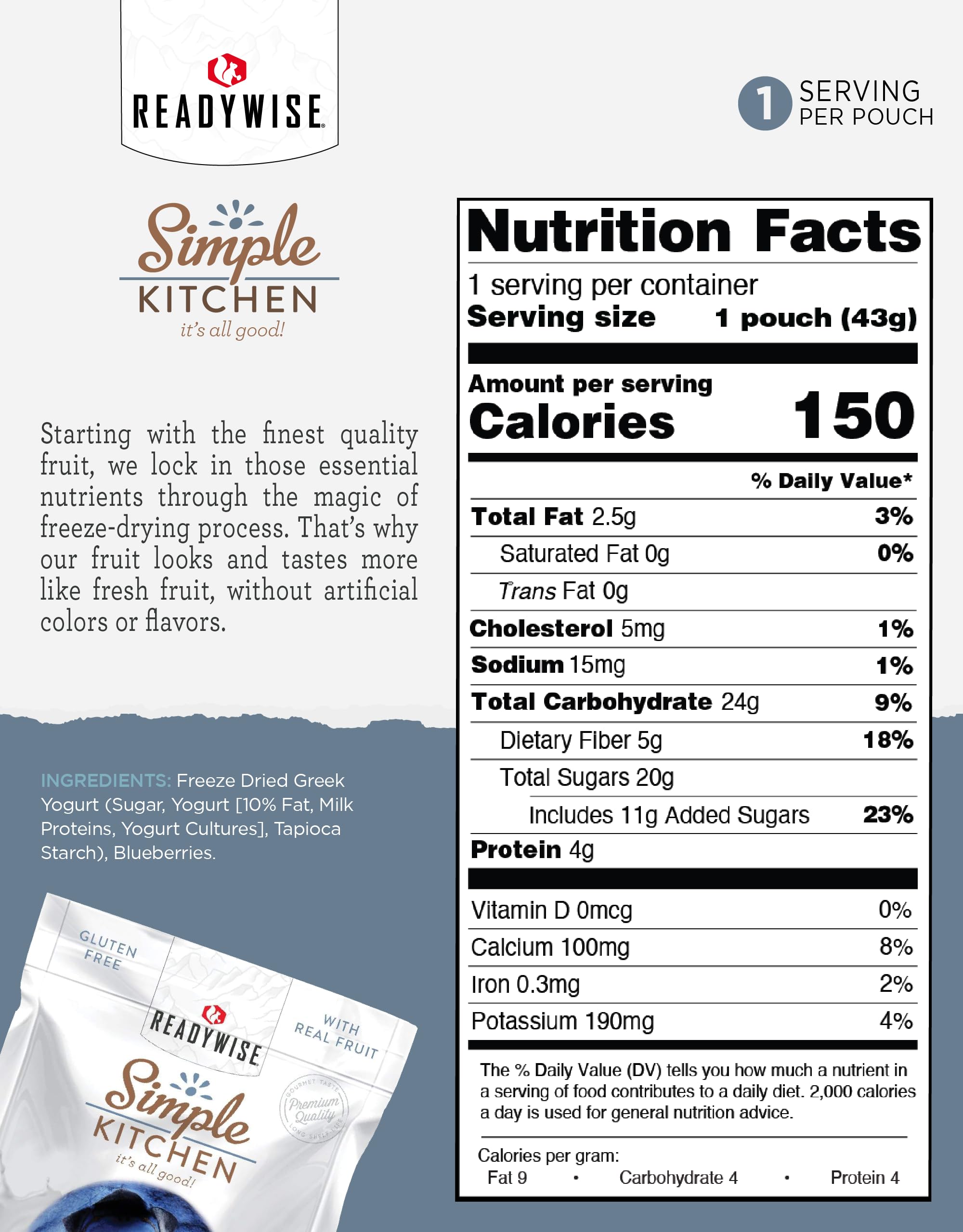 READYWISE - Simple Kitchen, Freeze-Dried Blueberries & Yogurt, Pack of 1 Vegetarian, Gluten Free, Snacks, Blueberries, Yogurt, Dried Fruit, Pre Workout, Healthy Snacks, Camping, Survival Food