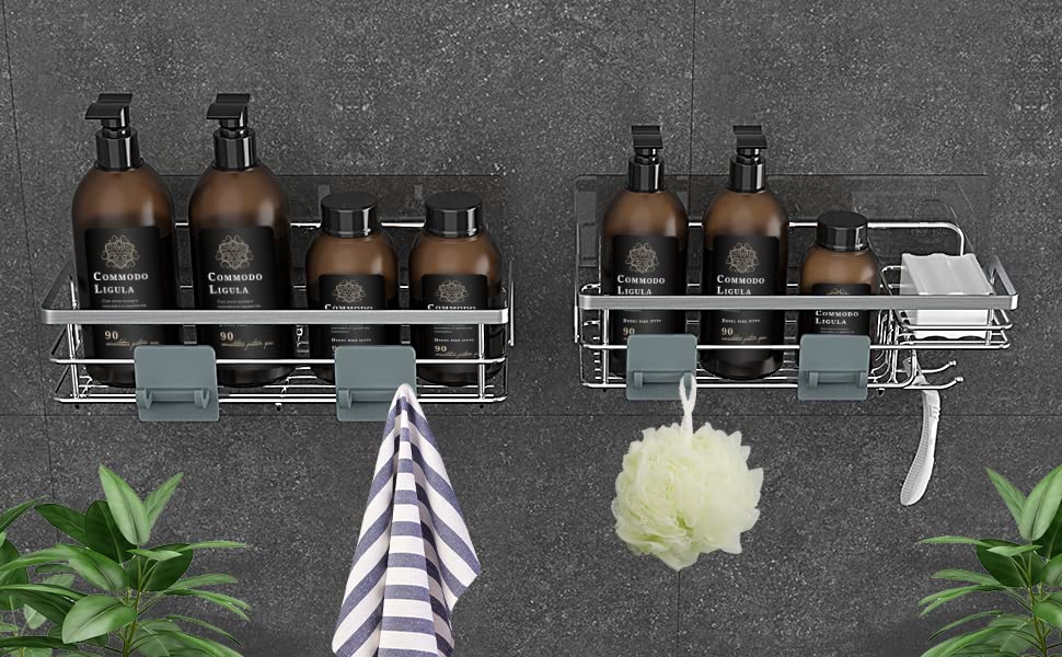 Nieifi Shower Caddy with Built In Soap Holder Dish with Hooks, Shower Shelf Organizer Basket Rack Storage Rustproof Adhesive Washroom Bathroom Shelves, Drill Free 2 Pack