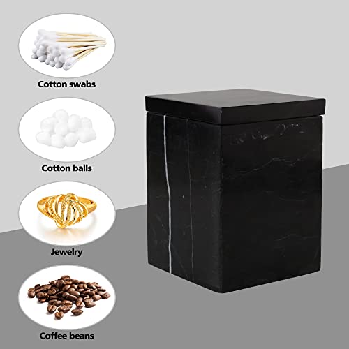 WORHE Marble Cotton Swab Ball Holder with Lid Black Marble Canister for Qtips Jewelry Necklace Ring Earring Coffee Bean Canister Storage jar Gift Case (DLB202)