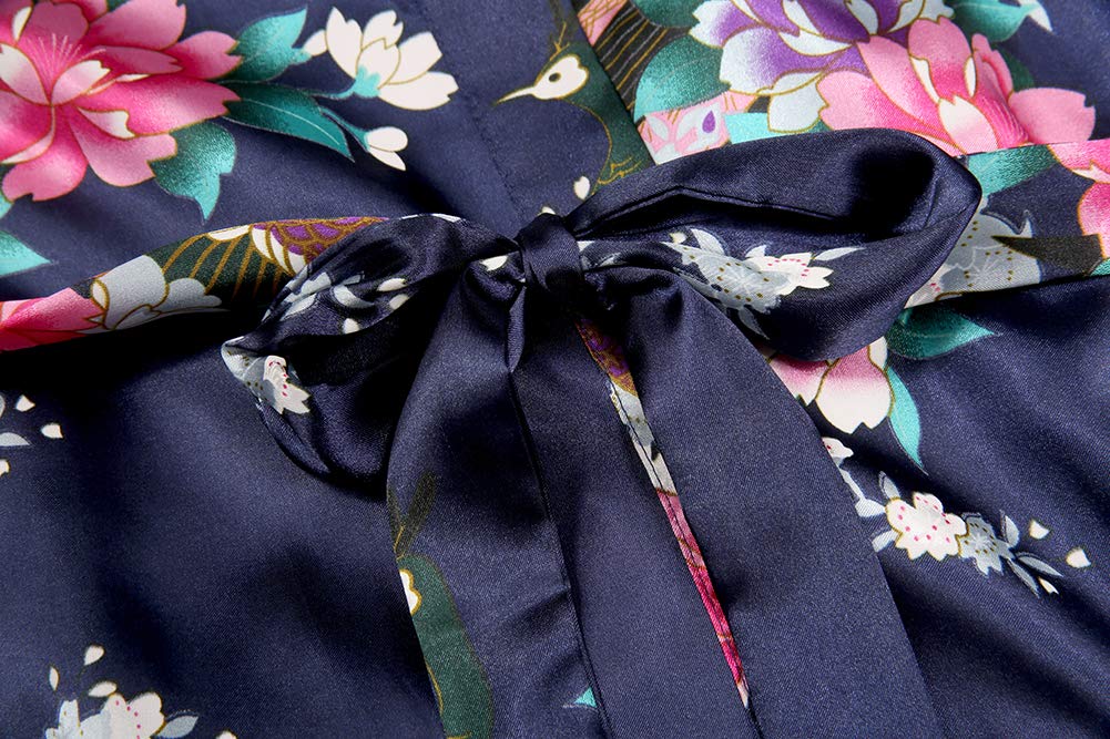 UrHot Women's Floral Kimono Satin Short Robe Peacock and Blossom Soft Bathrobe for Wedding Party Getting Ready